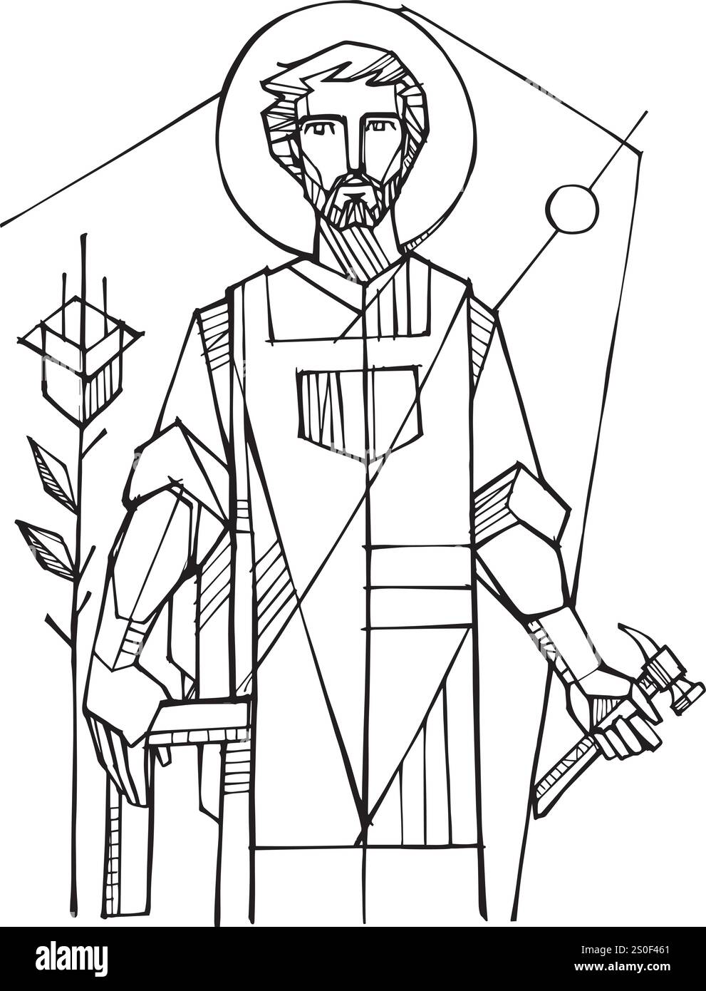 Hand drawn vector illustration or drawing of Saint Joseph Working in a ...