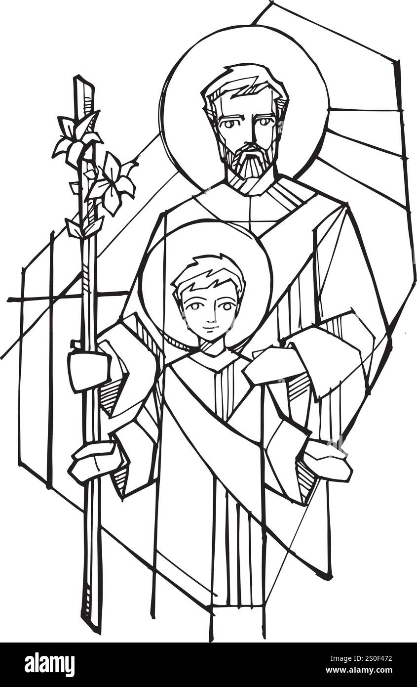 Hand drawn vector illustration or drawing of Saint Joseph and Child ...