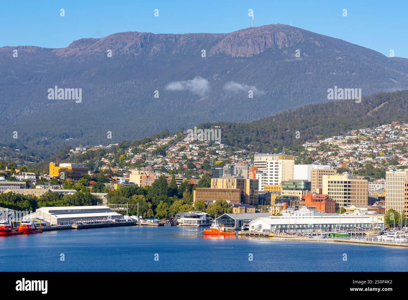 Hobart city centre and waterfront harbour with Mount Wellington ...