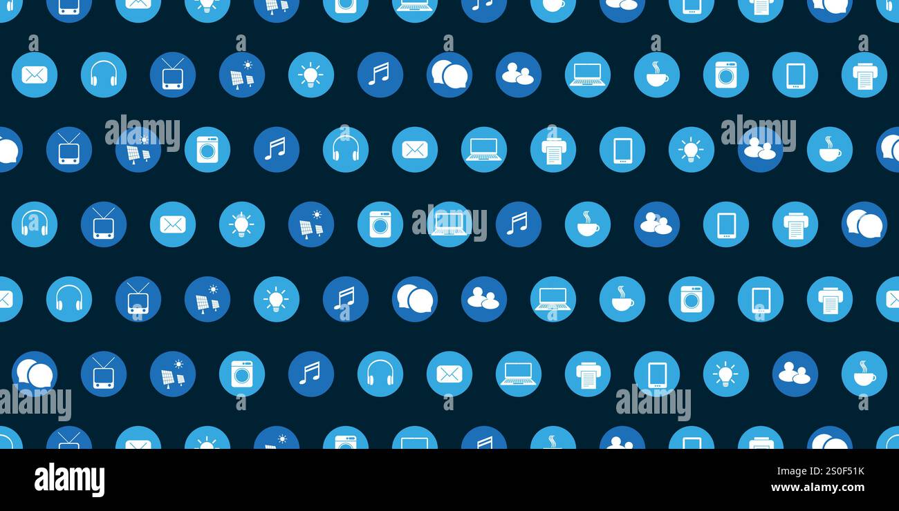 Lots of Simple Blue Retro Style Round Technology Icons Pattern on Dark ...