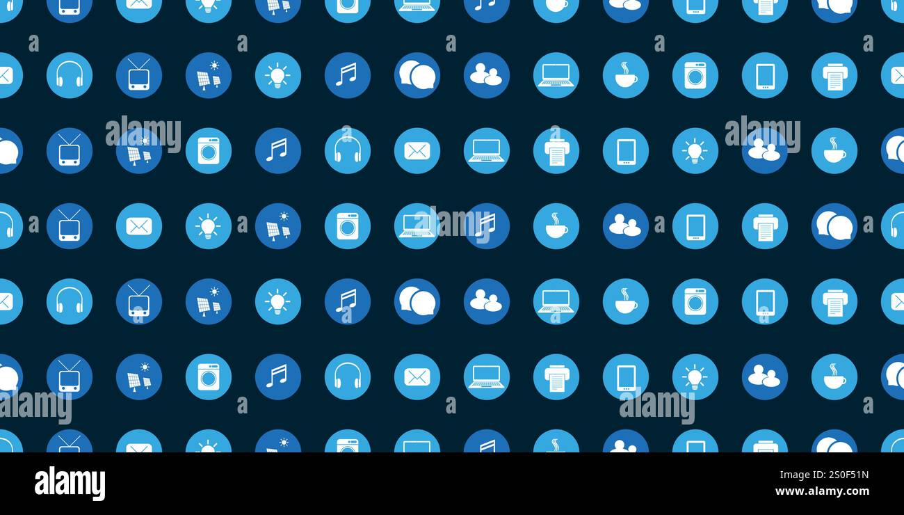 Lots of Simple Blue Retro Style Round Technology Icons Pattern on Dark ...