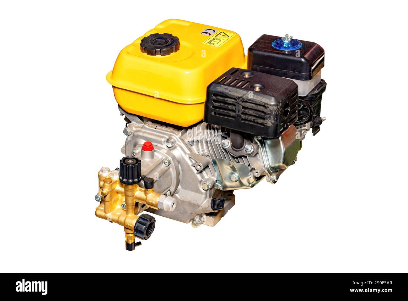 Small gasoline engine with yellow housing and metallic components on a ...