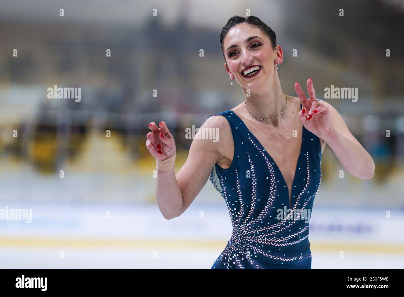 Sara Conti of Italy celebrates during Pairs Free Skating Campionati ...