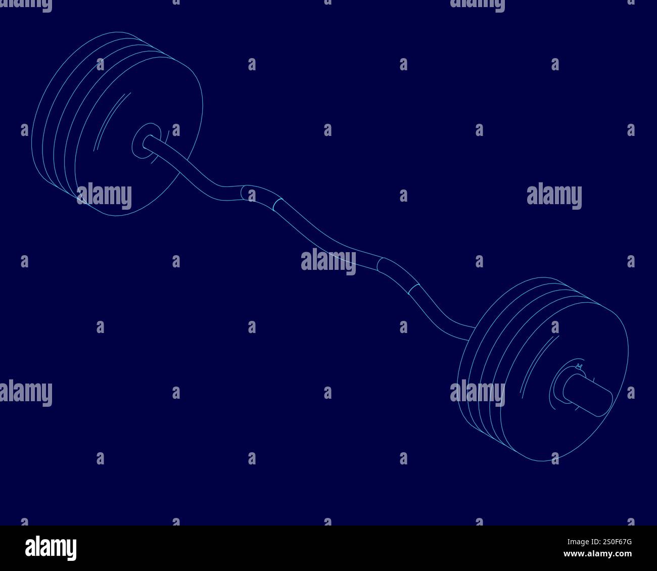 Blue drawing of a barbell with a handle. The barbell is shown in a ...