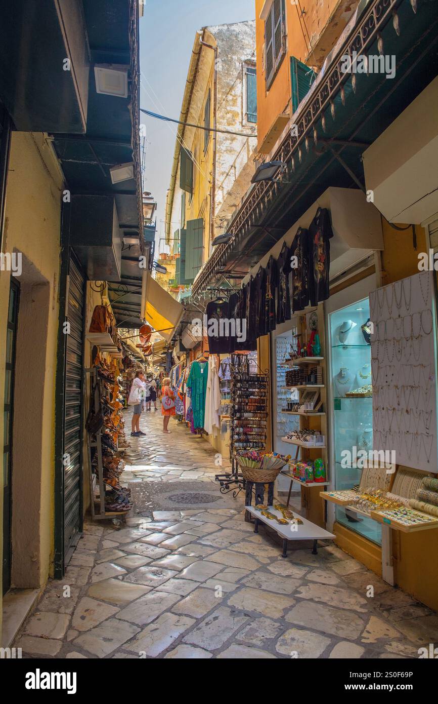 Corfu, Greece - June 6th 2024. Shops selling gifts and souvenirs in the ...