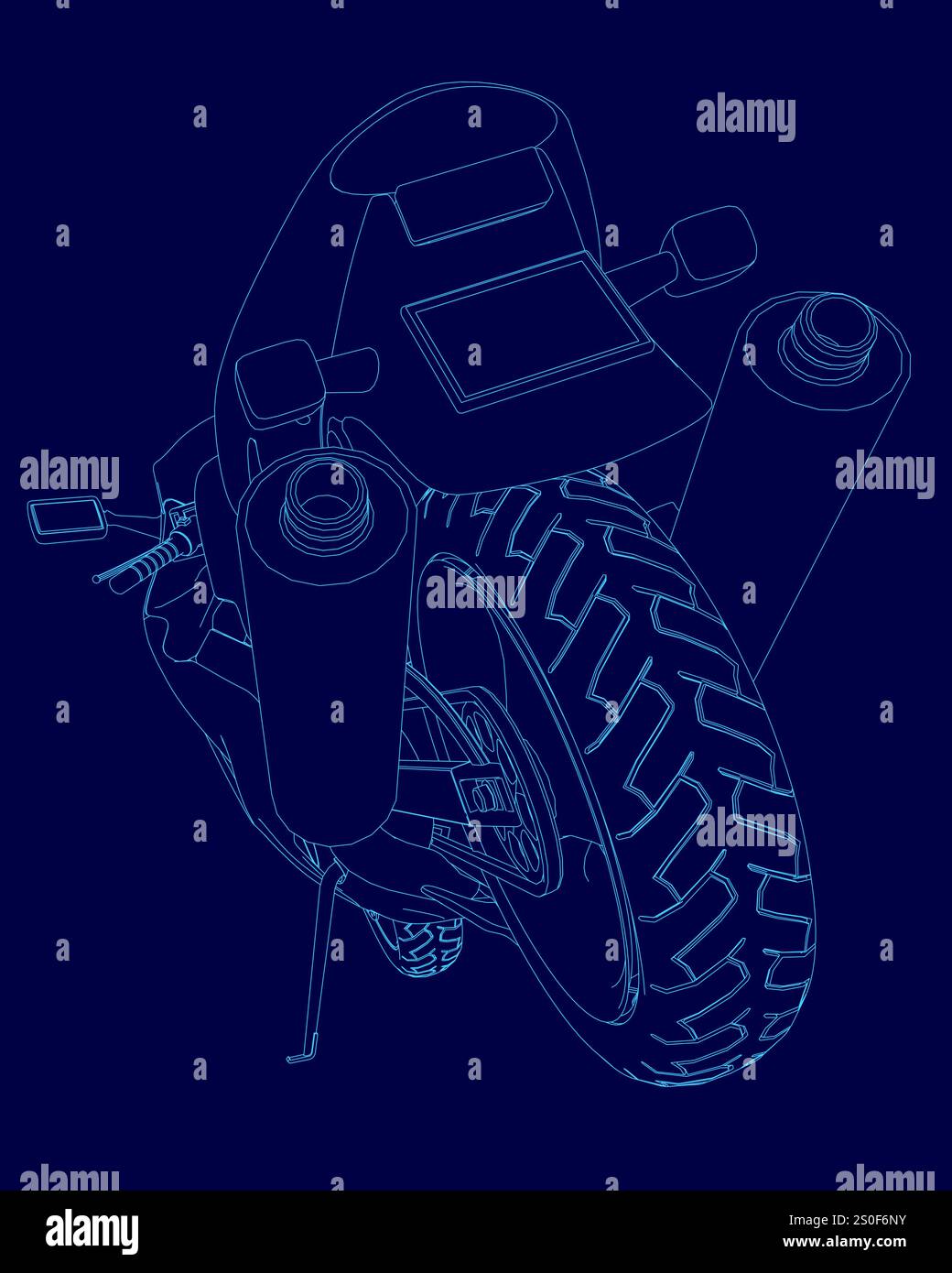 Blue drawing of a motorcycle with a seat and a exhaust pipe. The ...