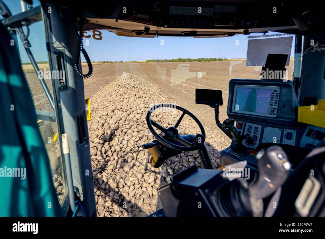 Cabin, steering wheel with control station, panel, monitor, glass ...