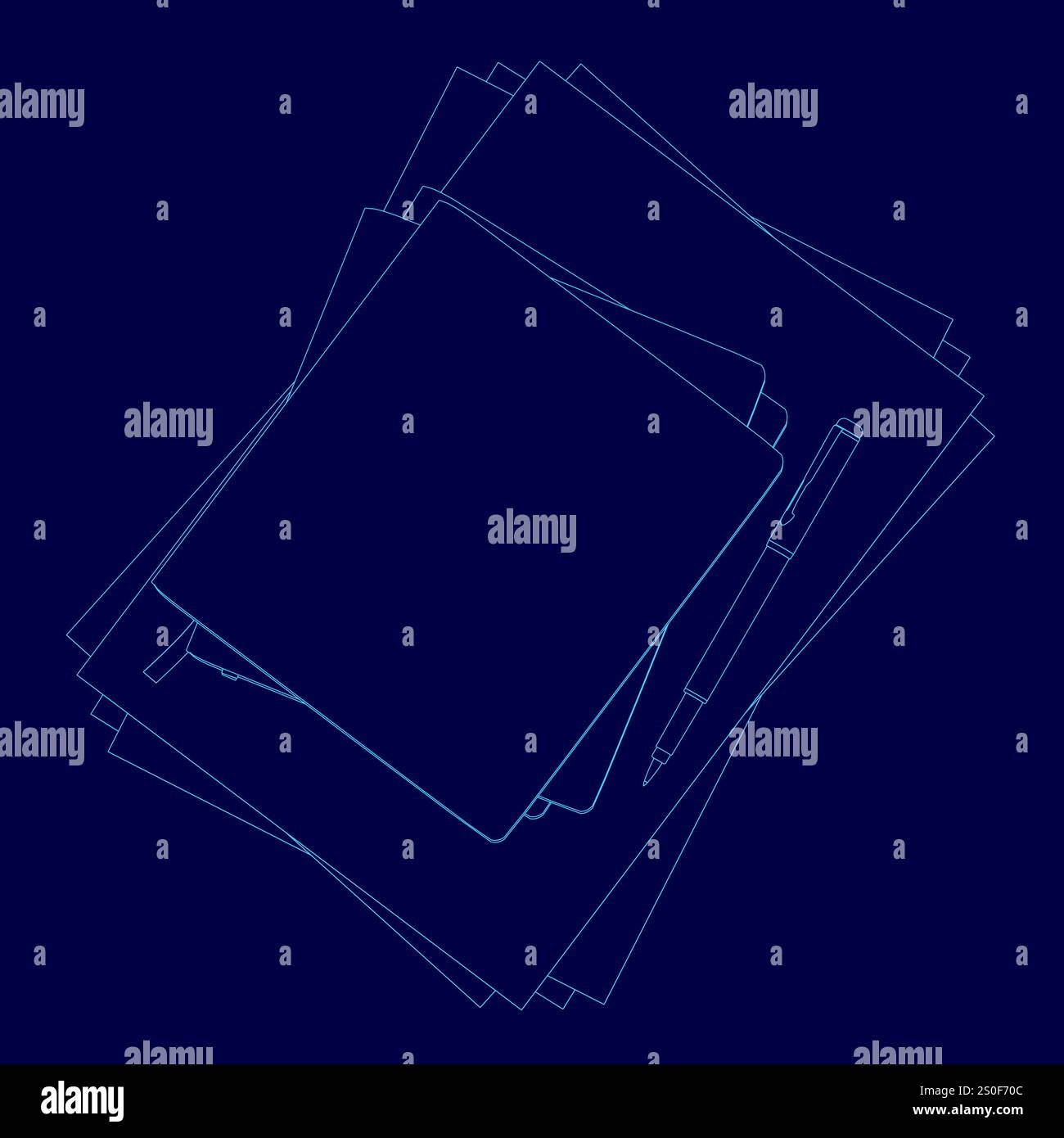 Blue background with a stack of papers and a pen. Concept of ...