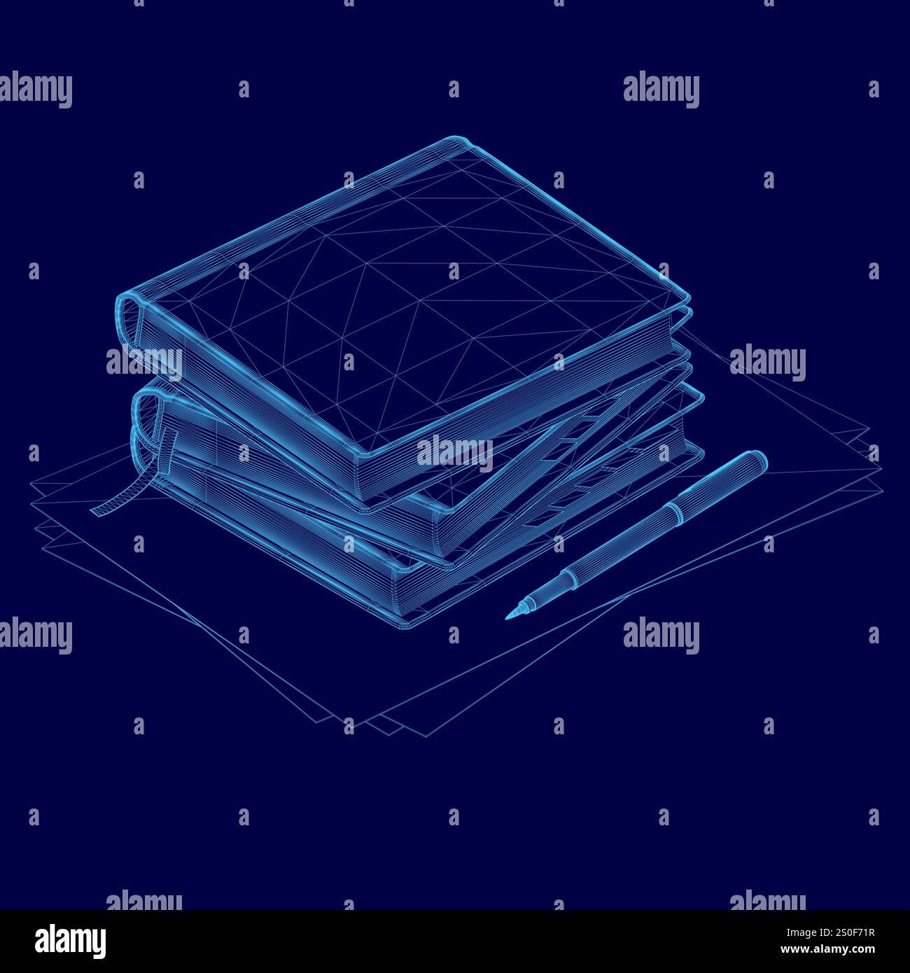 Stack of books with a pen on top. The books are blue and the pen Stock ...