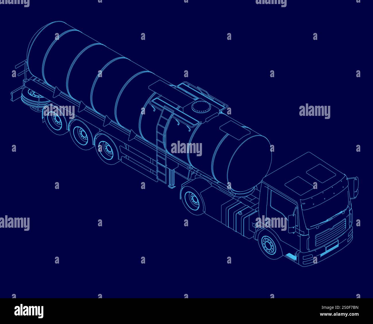 Blue drawing of a large tanker truck. The truck is shown in a 3D format ...