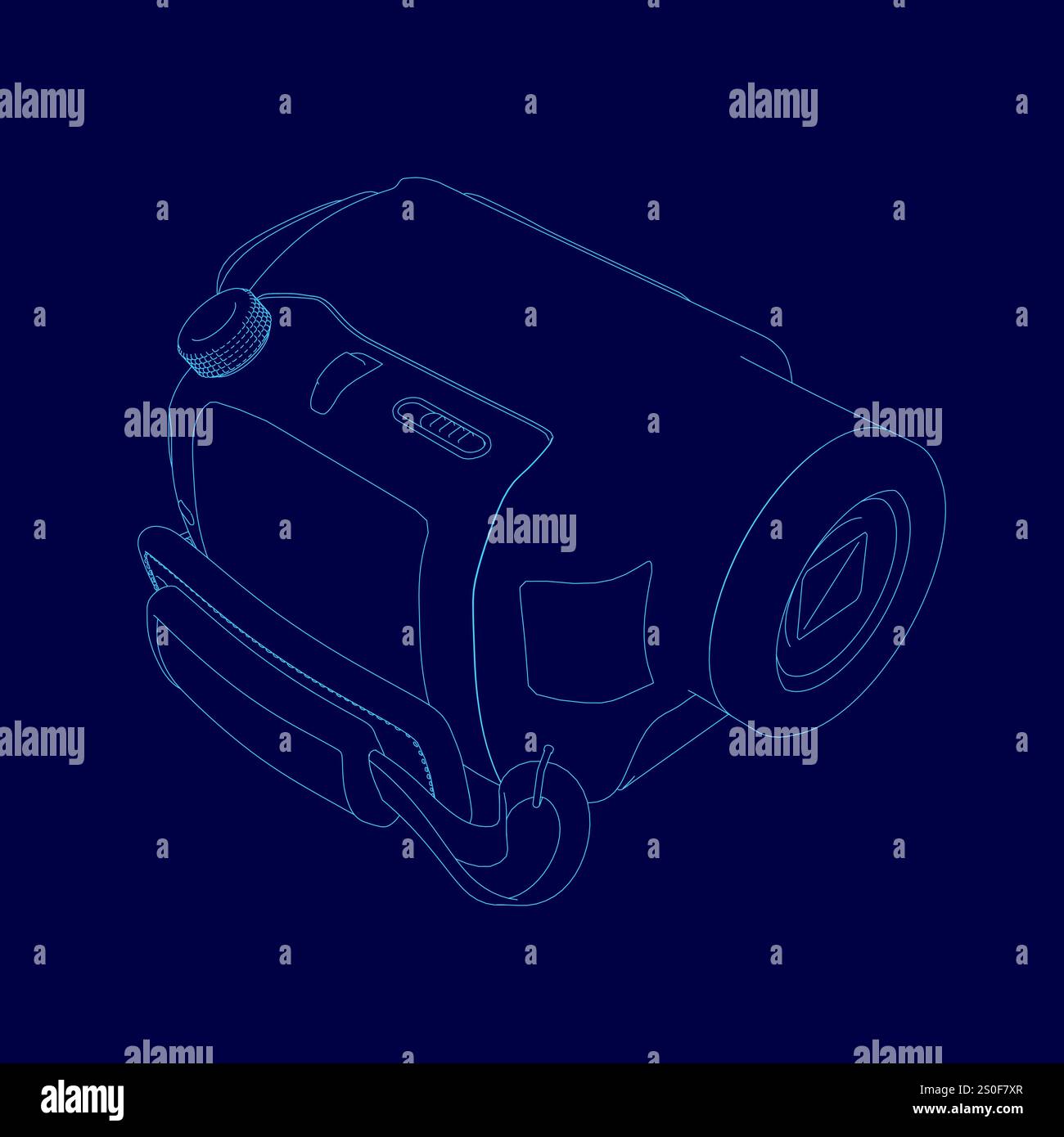 Blue drawing of a camera with a blue outline. The camera is a small ...