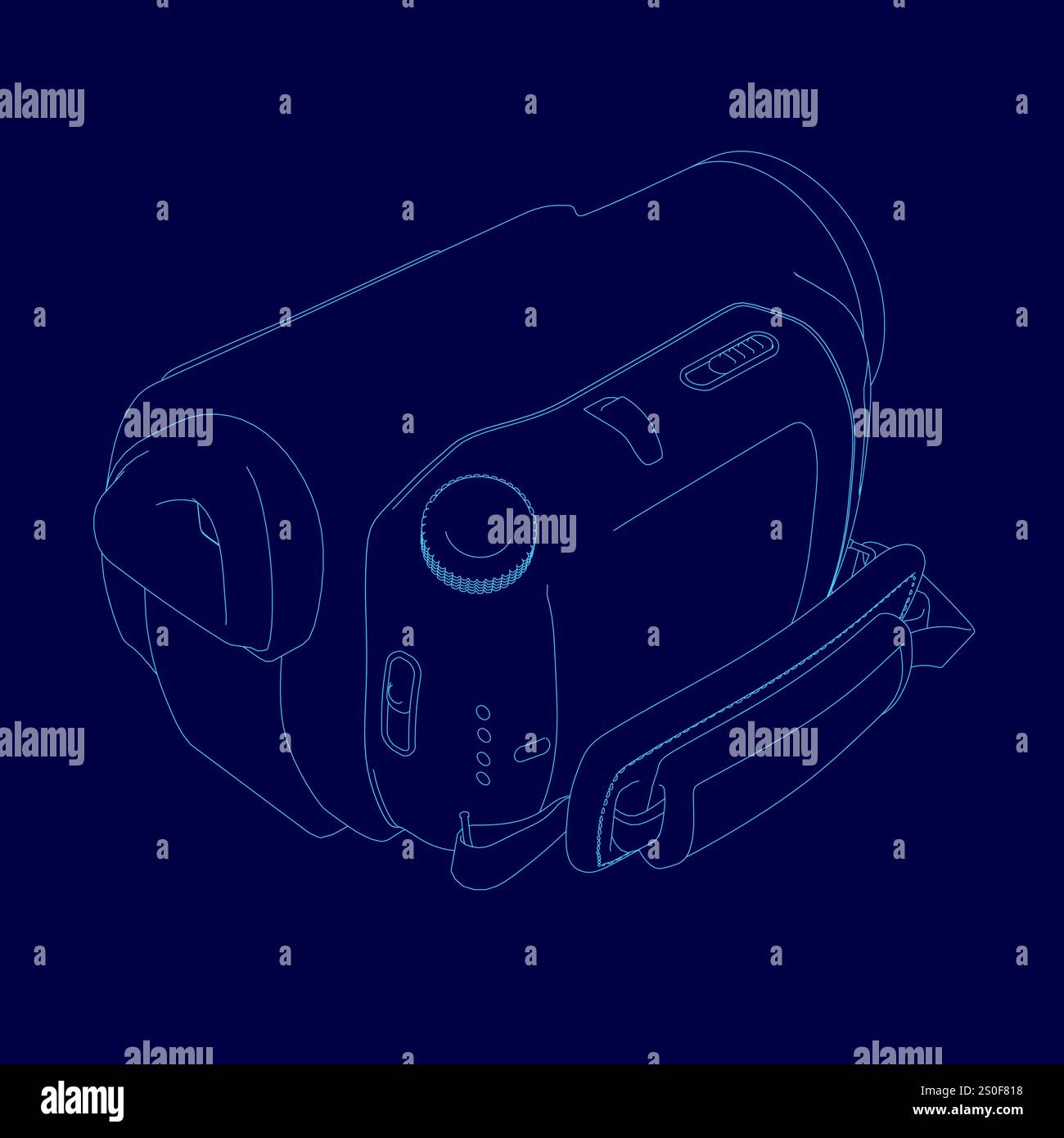 Blue drawing of a camera with a strap. The camera is a small, compact ...