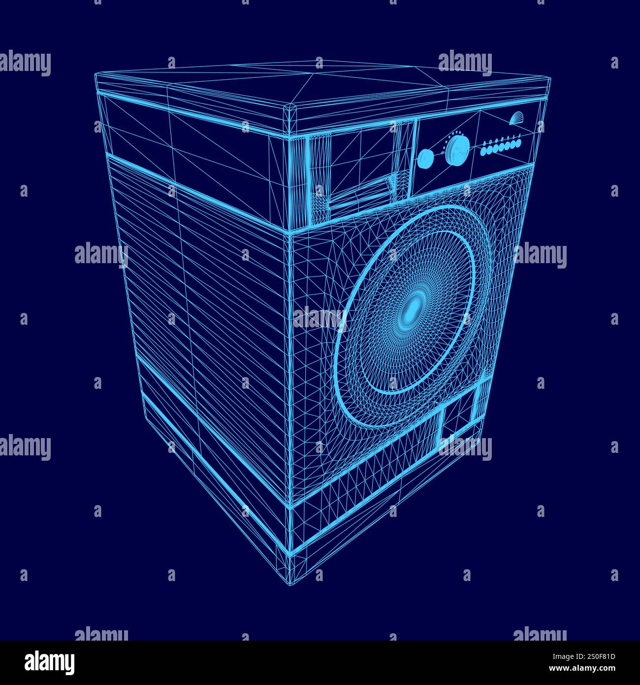 Blue washing machine with a blue logo. The machine is in a 3D Stock ...