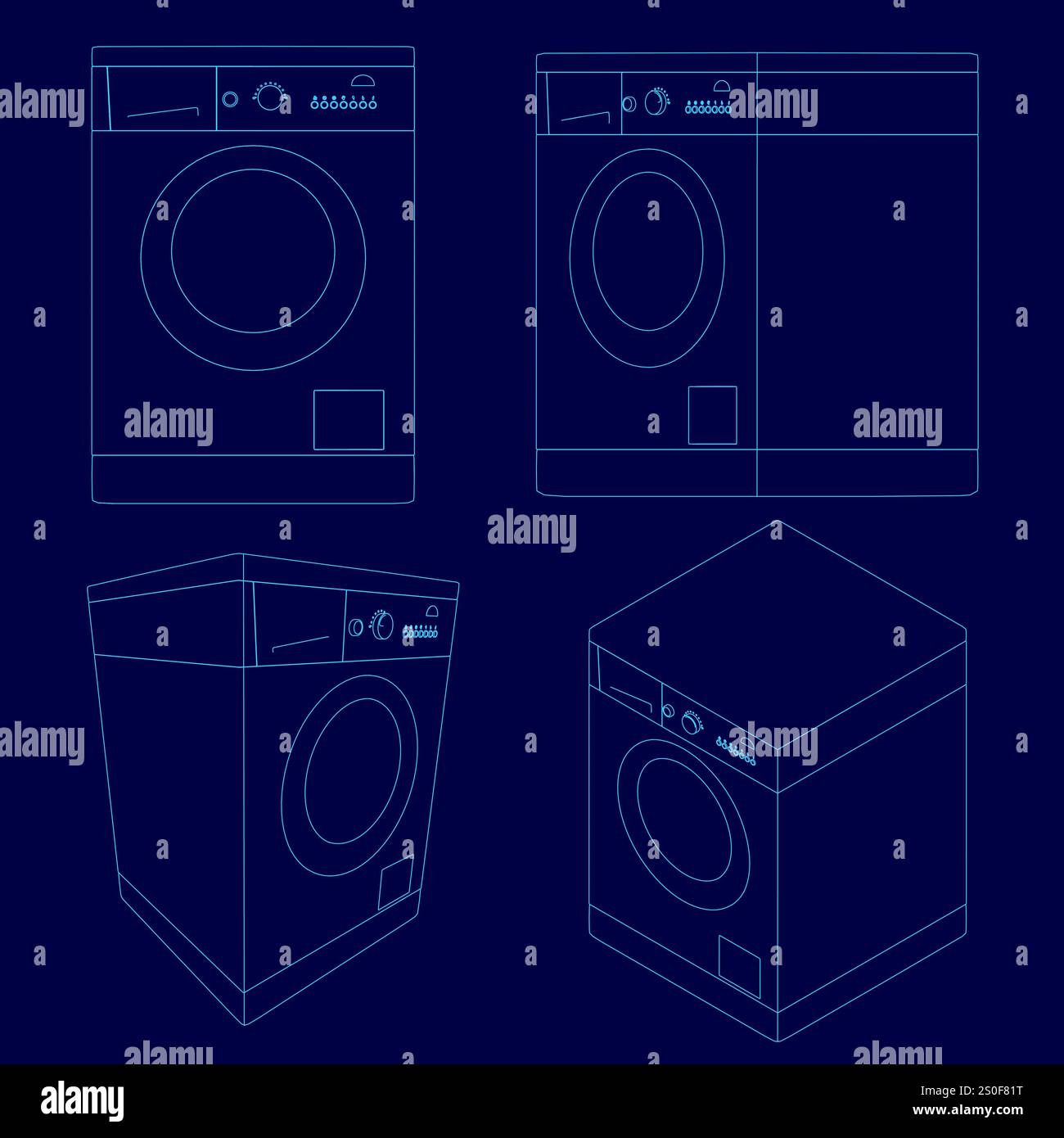 Series of blue drawings of a washing machine. The drawings are all ...