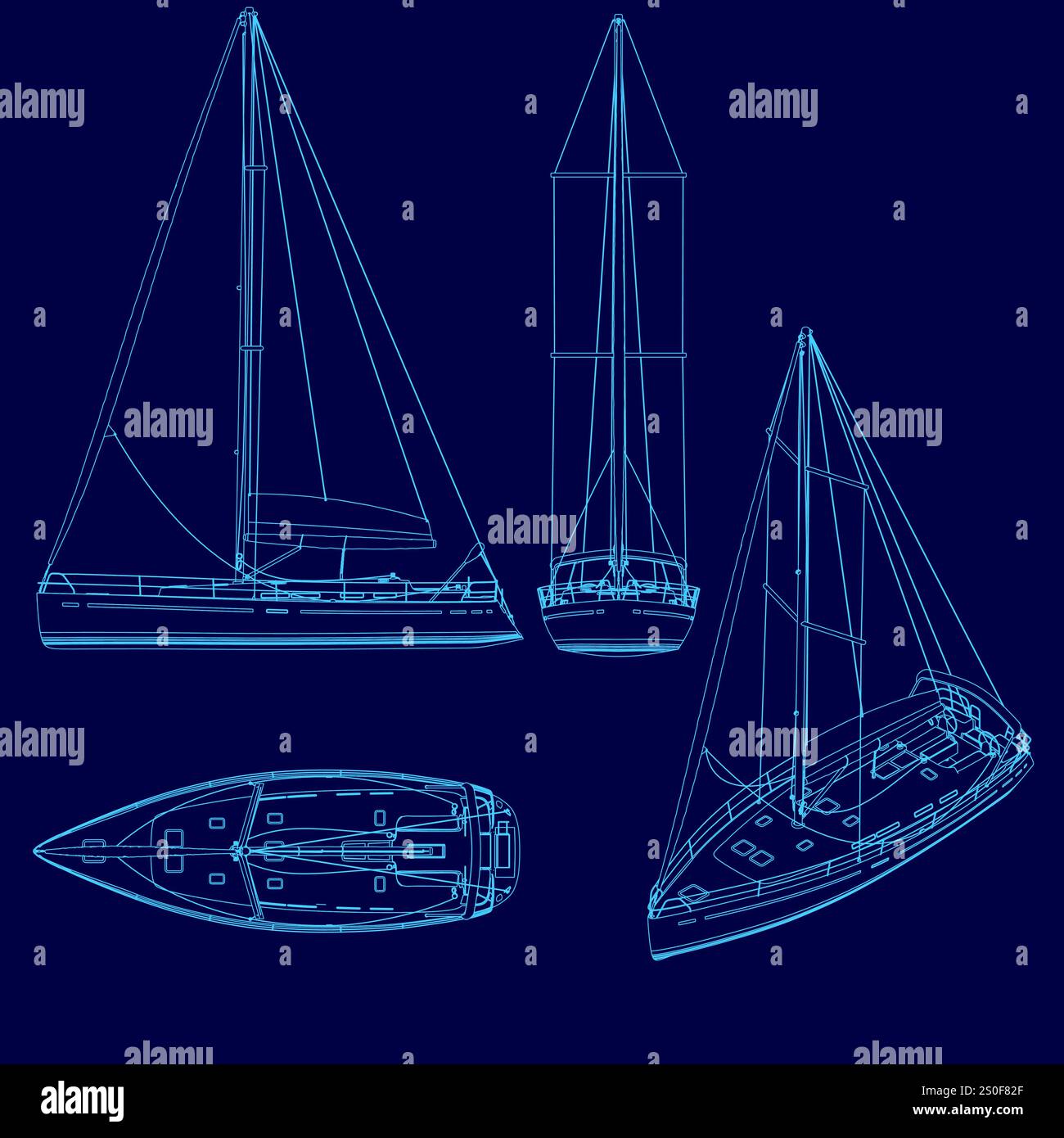 Blue drawing of a sailboat with a blue background. The sailboat is ...