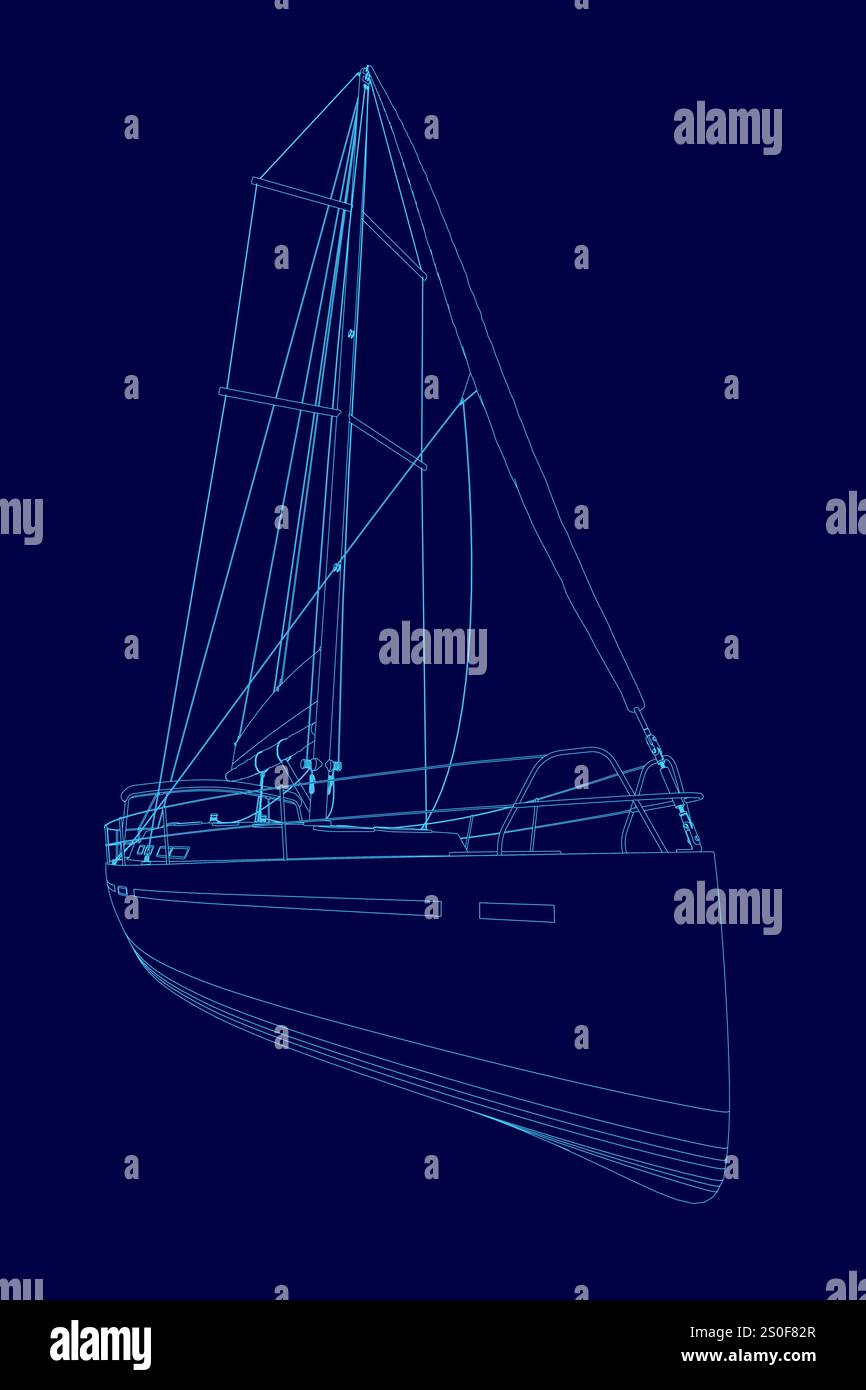 Blue drawing of a sailboat. The sailboat is shown in a blue background ...