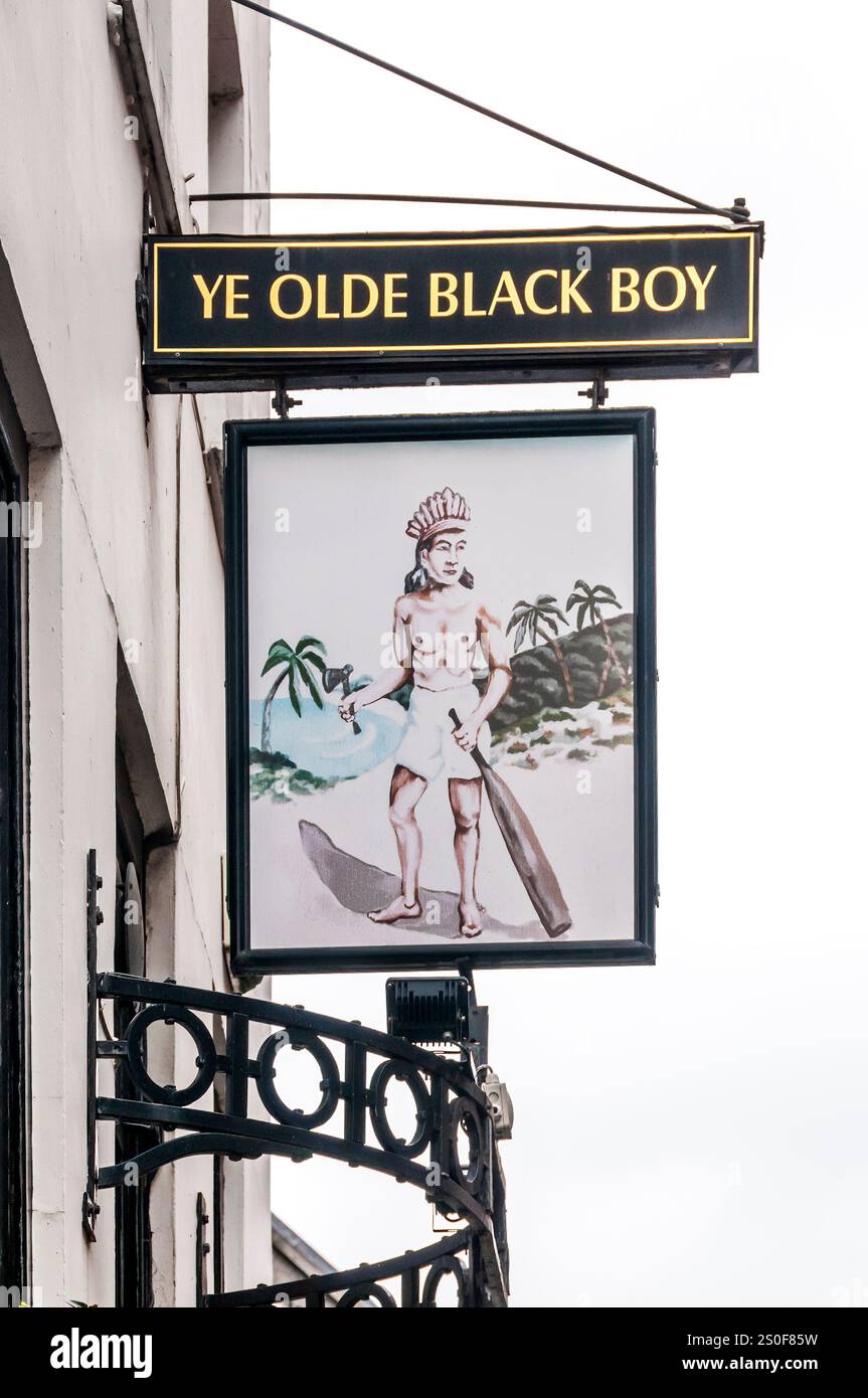 Sign for Ye Olde Black Boy pub in High Street, Hull. It describes ...
