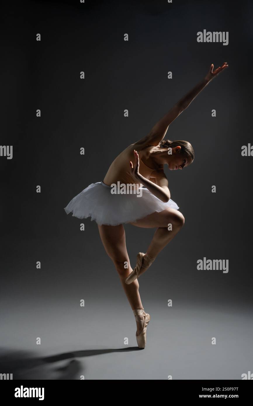 Elegant ballet dancer performing a graceful pose in spotlight Stock ...