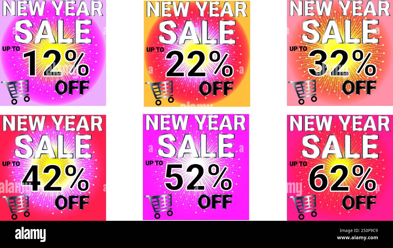 New year sale up to 12 22 32 42 52 and 62 percent banners set of six ...