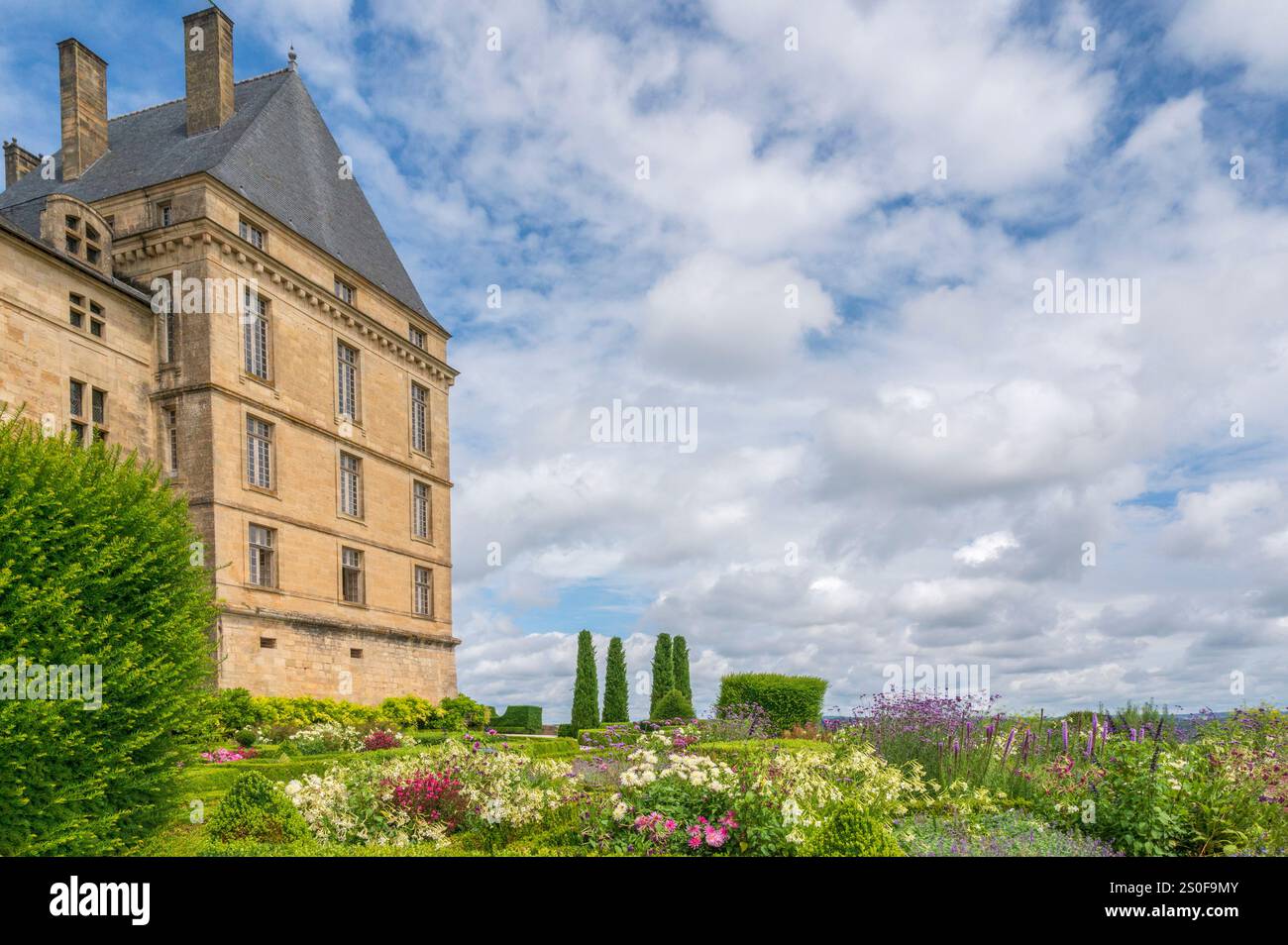 The garden of the Château de Hautefort, the largest baroque castle in southwest France Stock ...