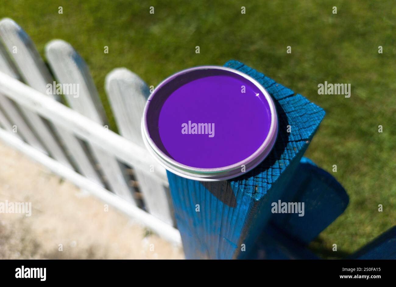 Purple paint can lid resting over fence pole. Painting a wooden fence ...