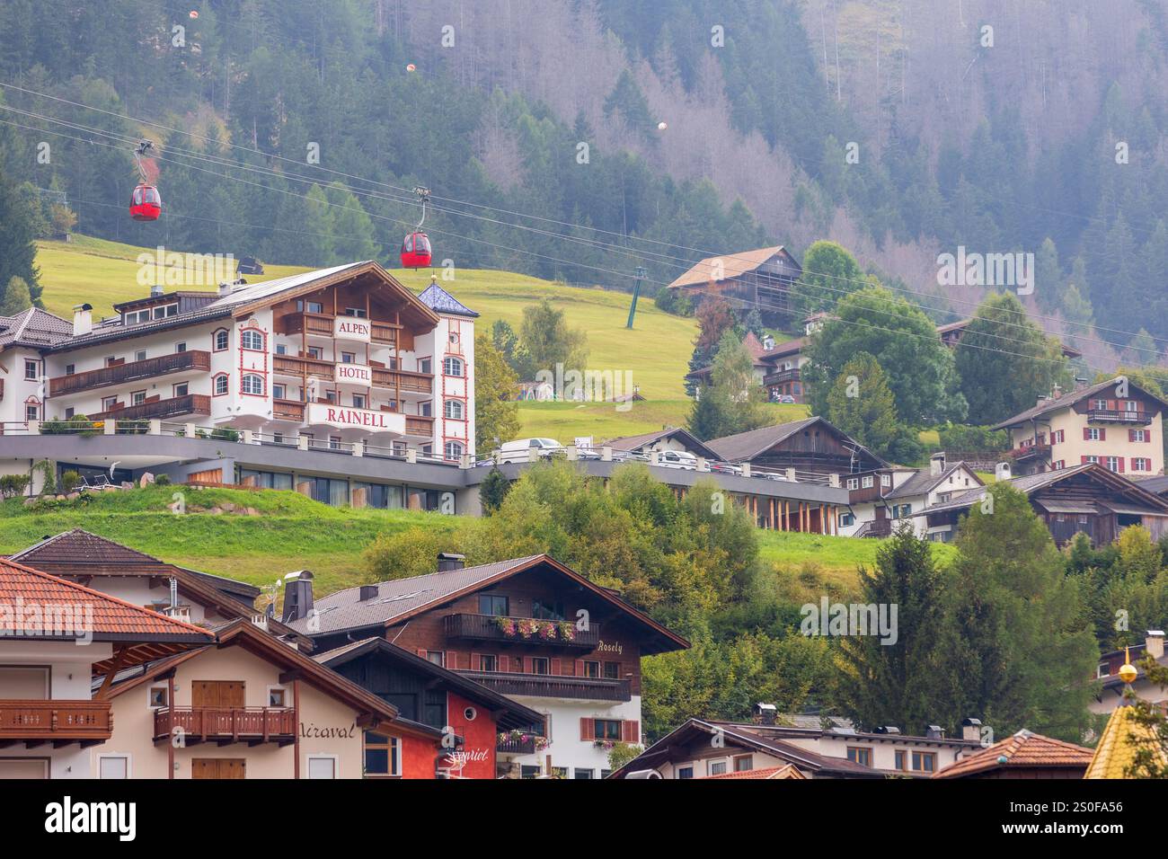 Ortisei, Italy- September 26, 2024: Summer street view in alpine ...