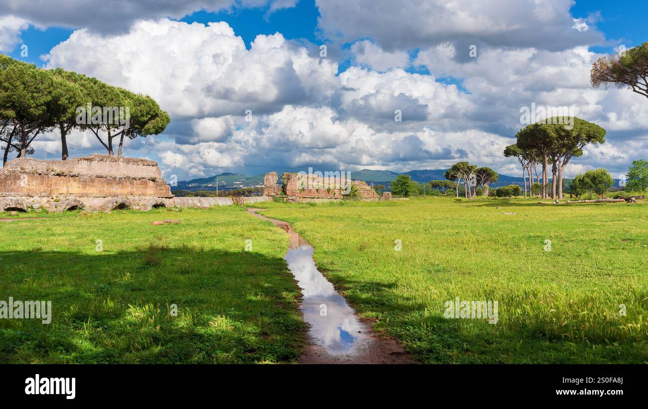 Ancient roman aqueduct beautiful arches ruins in Rome public park with ...