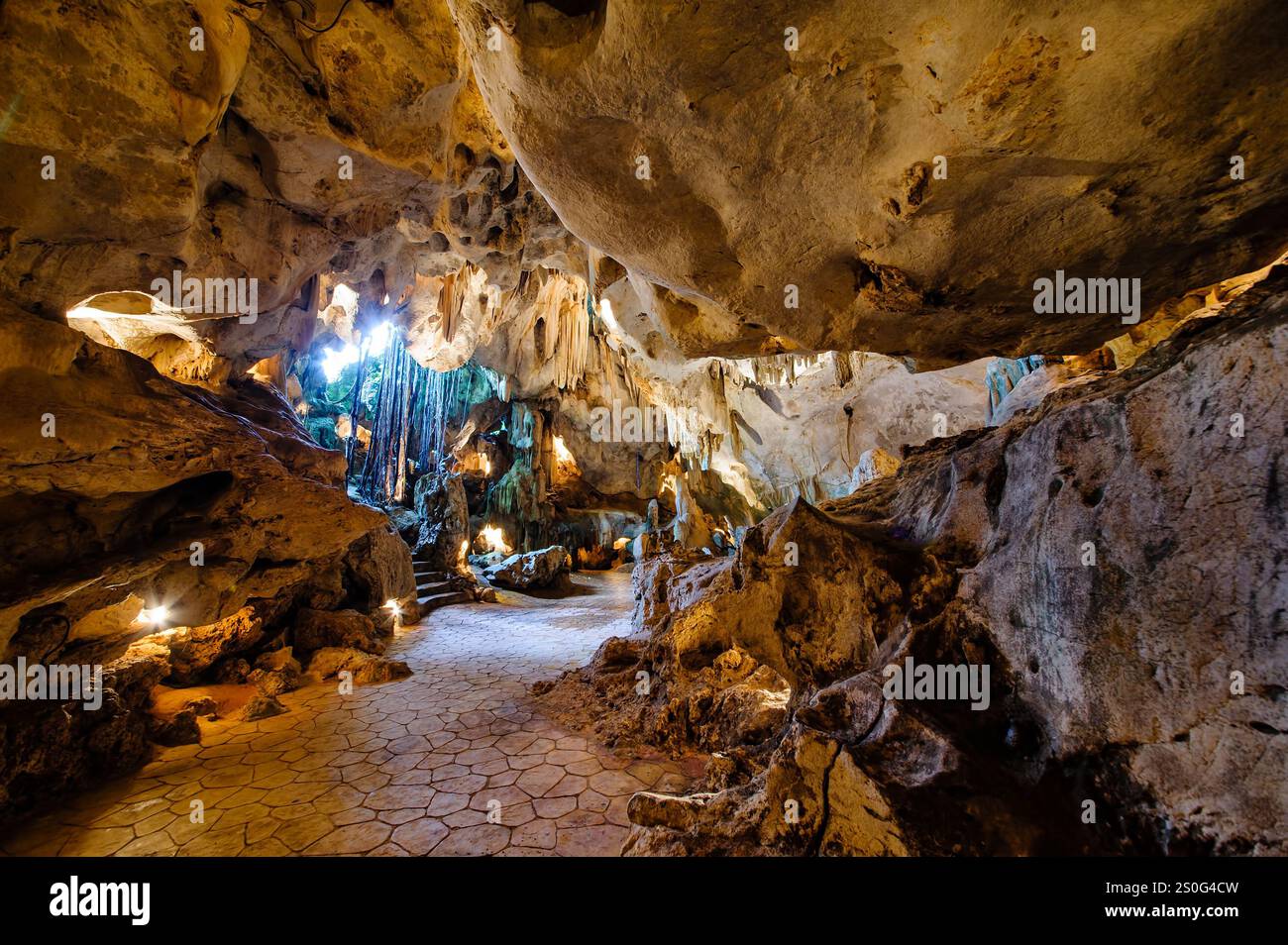 a cave with stalagmites and stalactites. The cave is large and dark ...