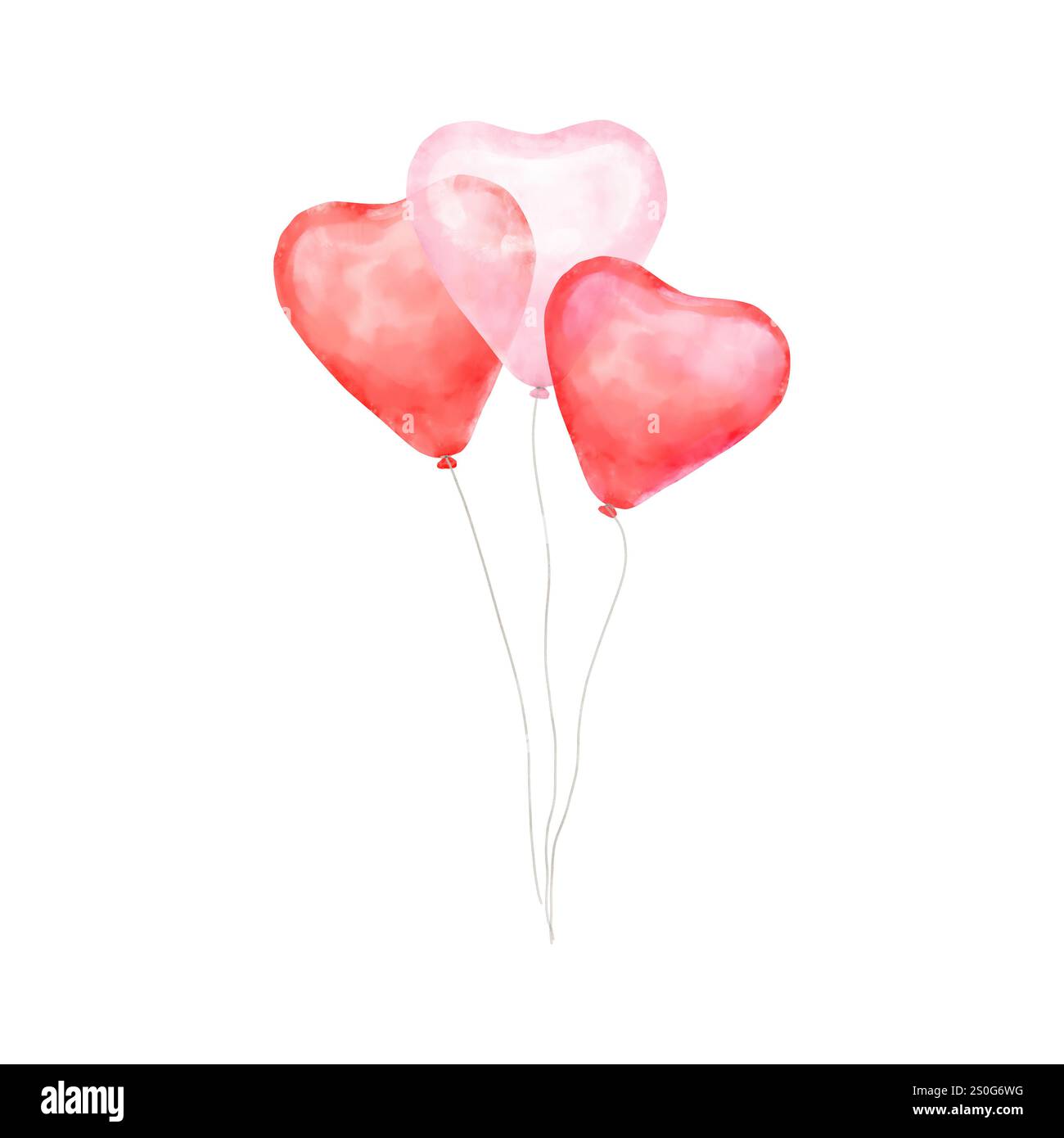 Heart-shaped balloons on strings in a bundle. Watercolor digital ...