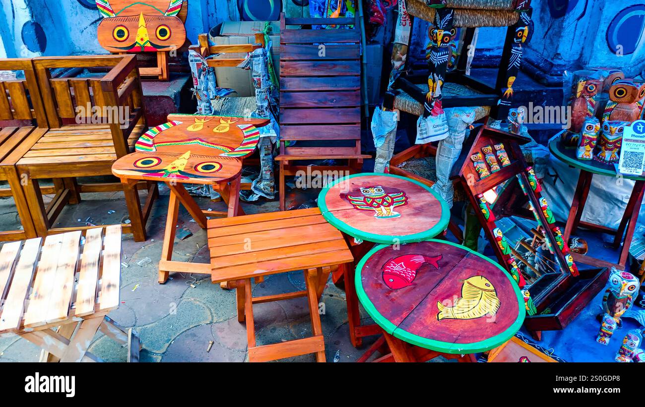 vibrant hand-painted wooden stools, tables with intricate patterns and ...