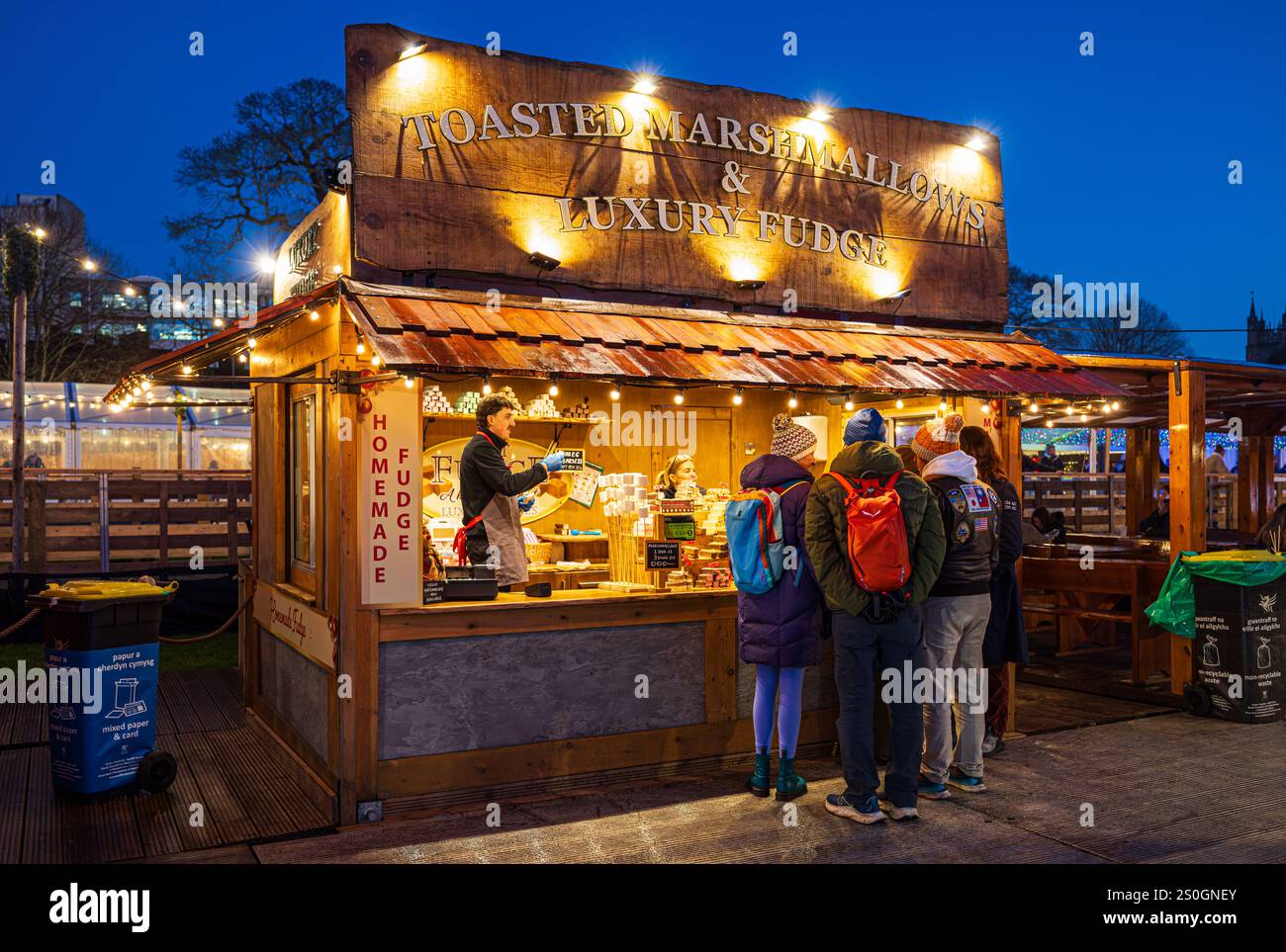 Food stall at Cardiff Castle Christmas Market. Wales, UK Stock Photo ...