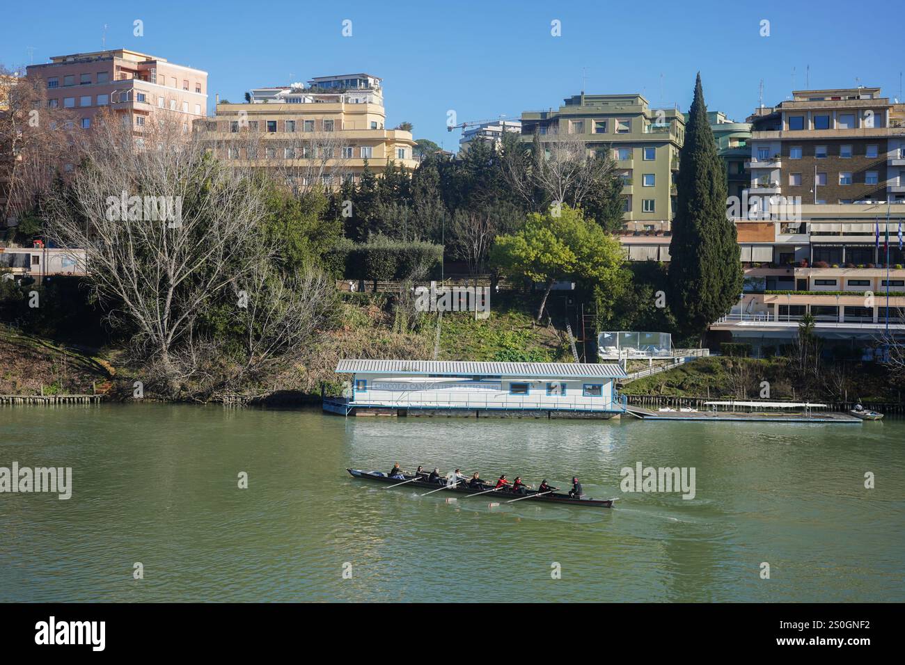 Rome, Italy. 28 December 2024 Rowing boats exercising in the warm ...