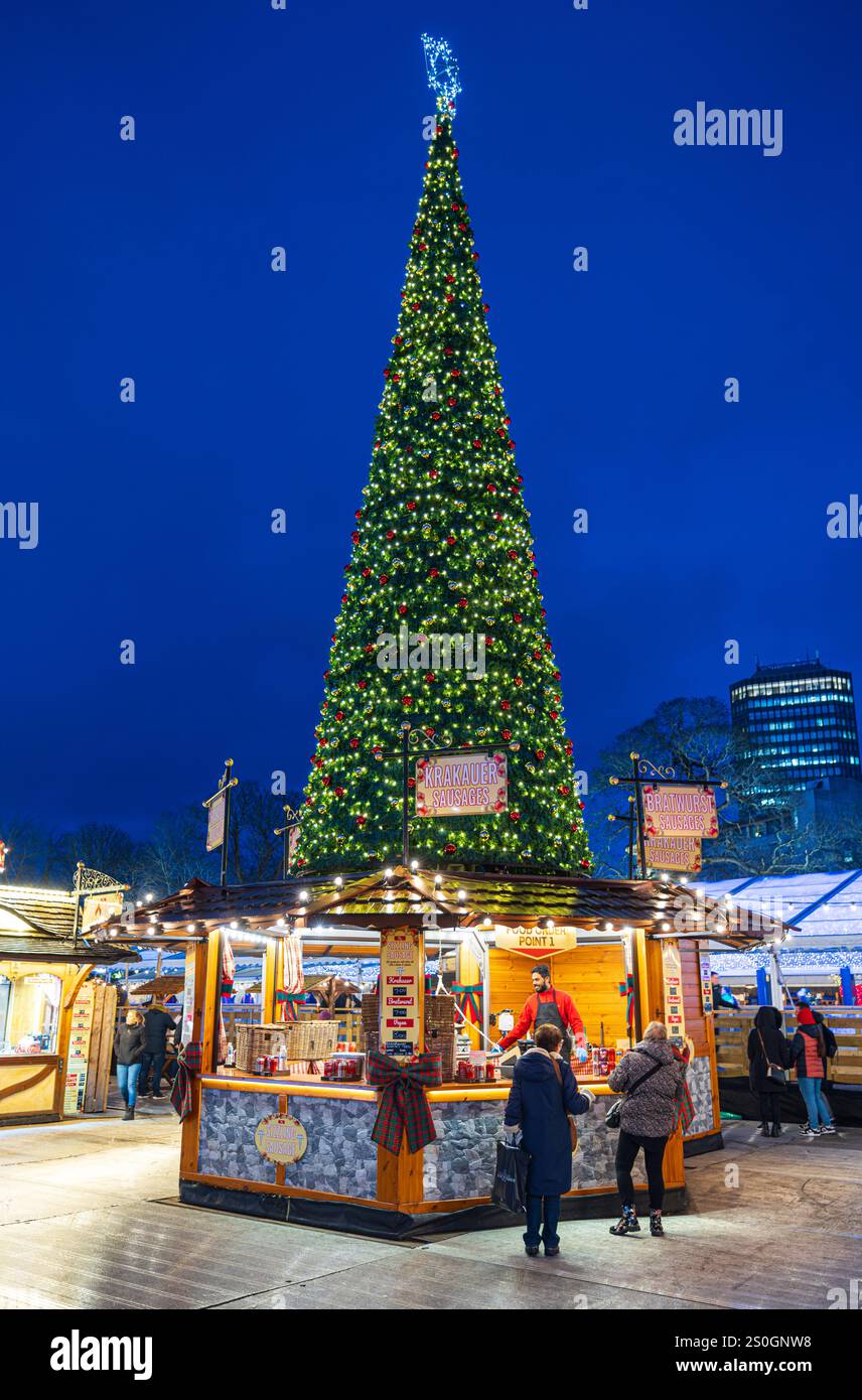 Food stalls at Cardiff Castle Christmas Market. Wales, UK Stock Photo ...