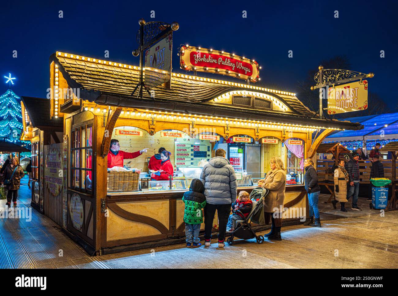 Food stall at Cardiff Castle Christmas Market. Wales, UK Stock Photo ...
