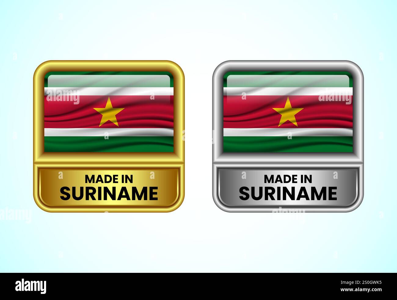 Made in Suriname label icon in gold and silver color. Flag icon set for ...