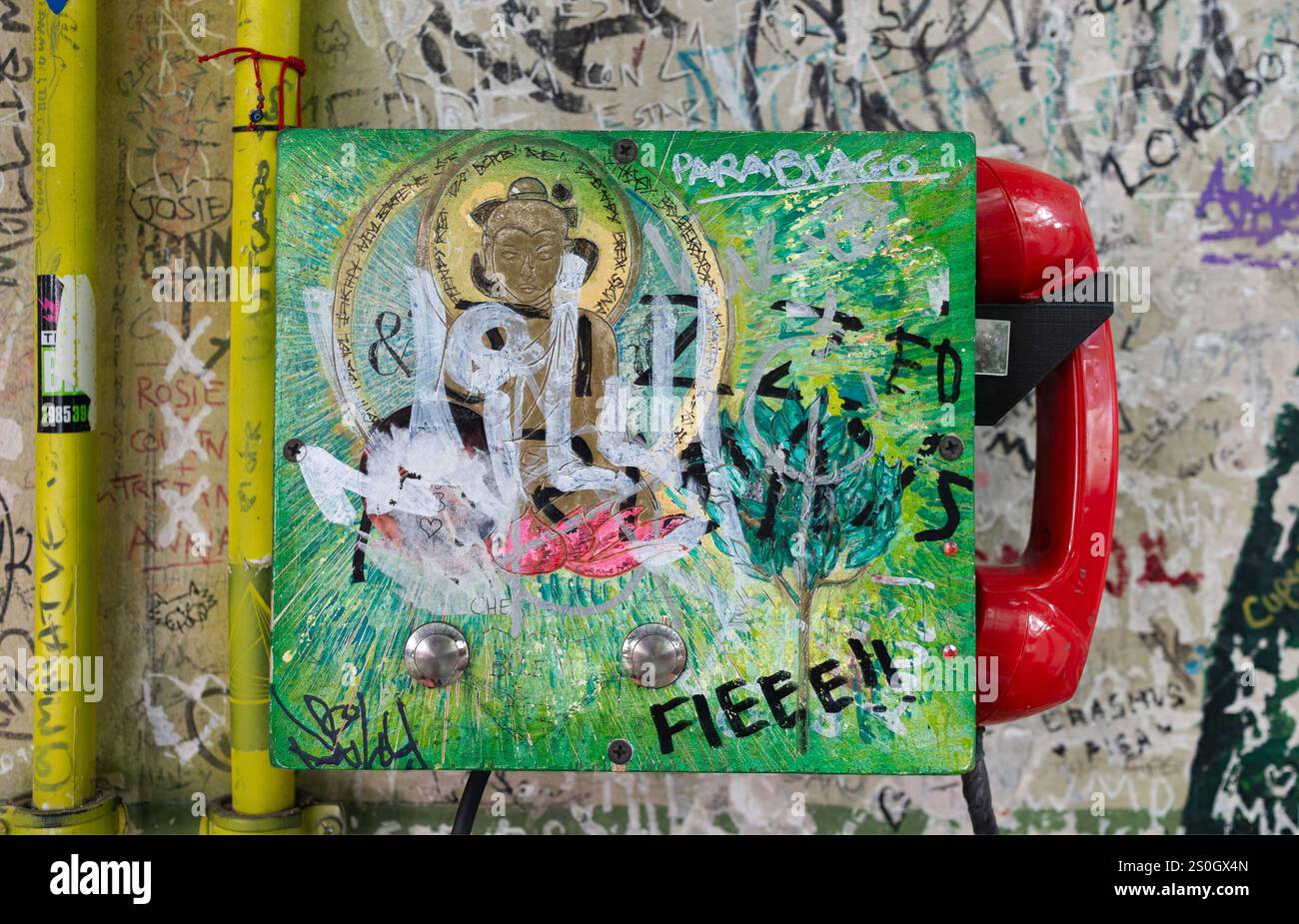 Red Vintage Phone Booth with Buddha Graffiti and Scribbles, Detail of ...