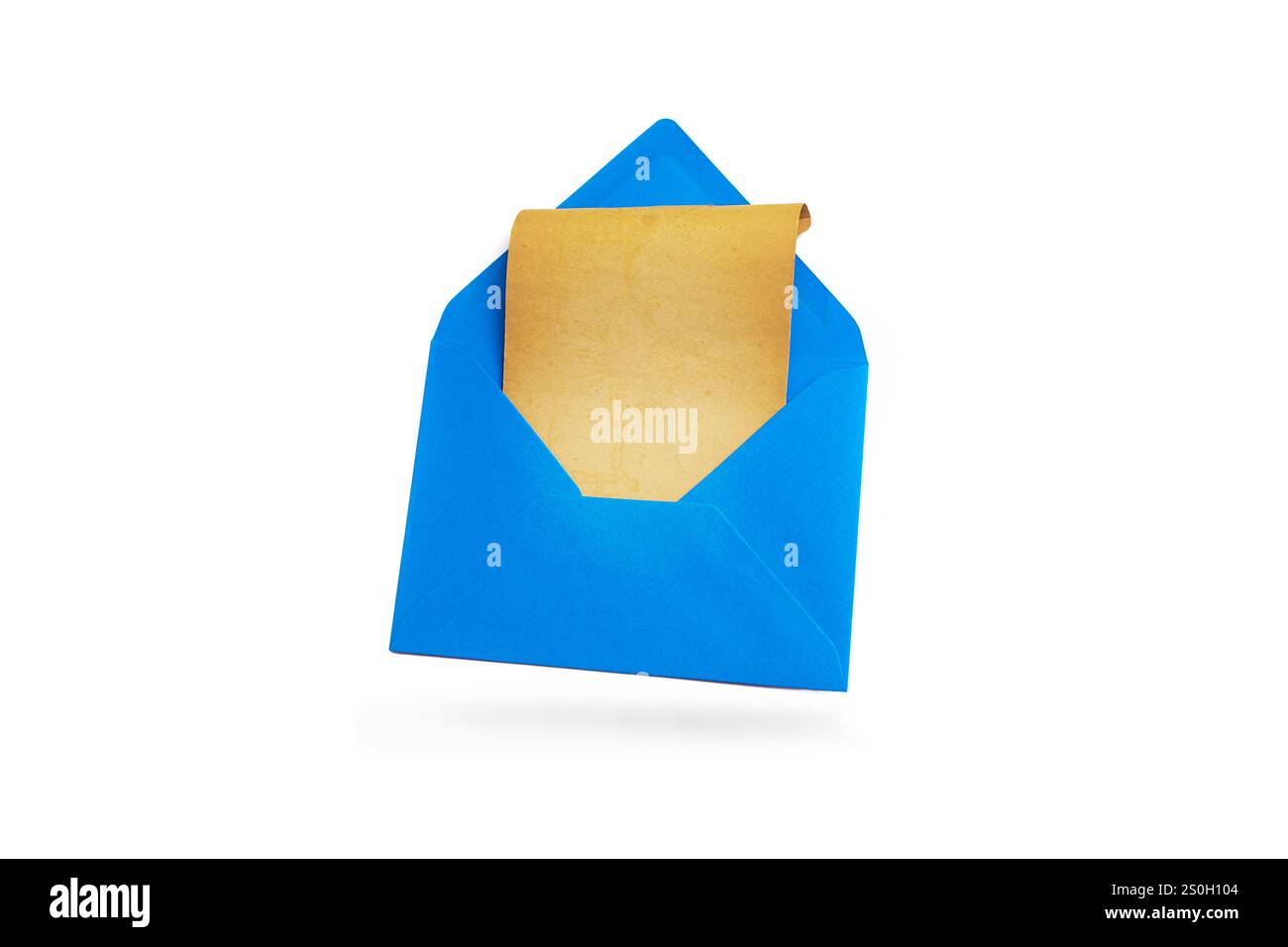 Opened blue envelope with emerging yellowed paper scroll, isolated on ...