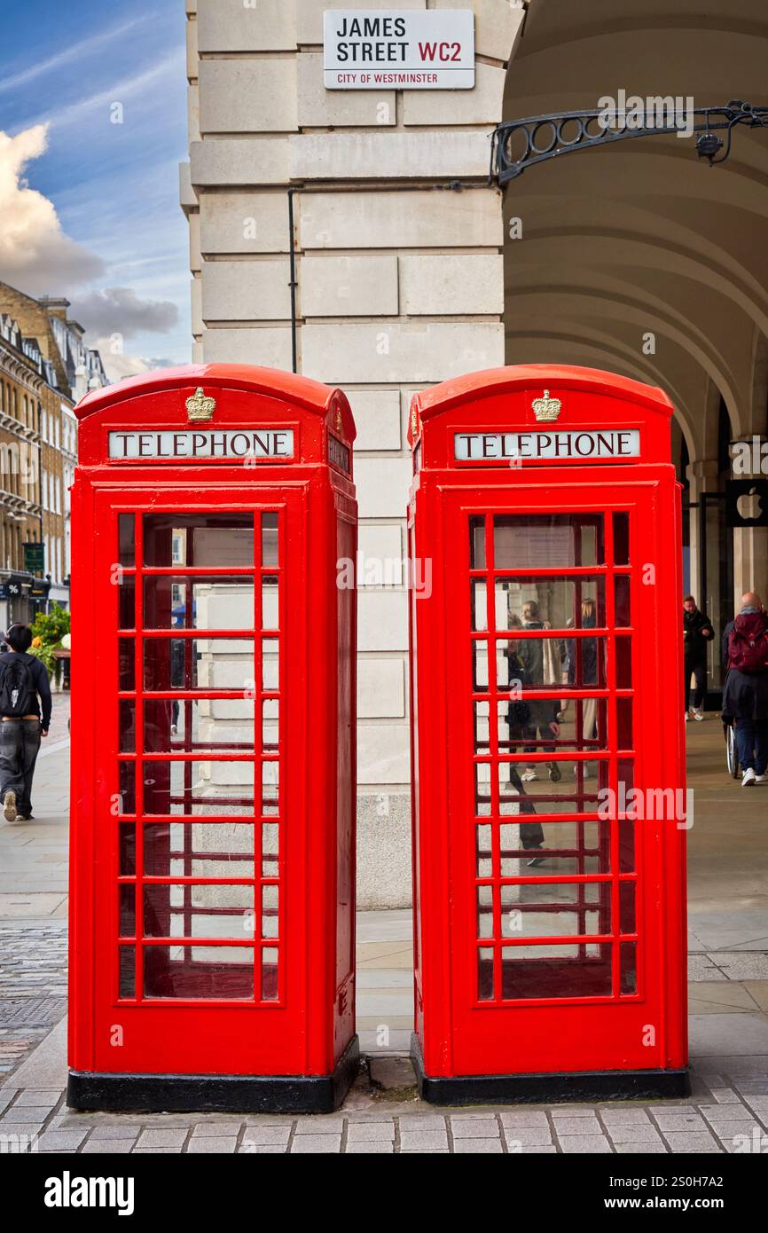 Red telephone boxes on James Street, The Covent Garden Market, London ...