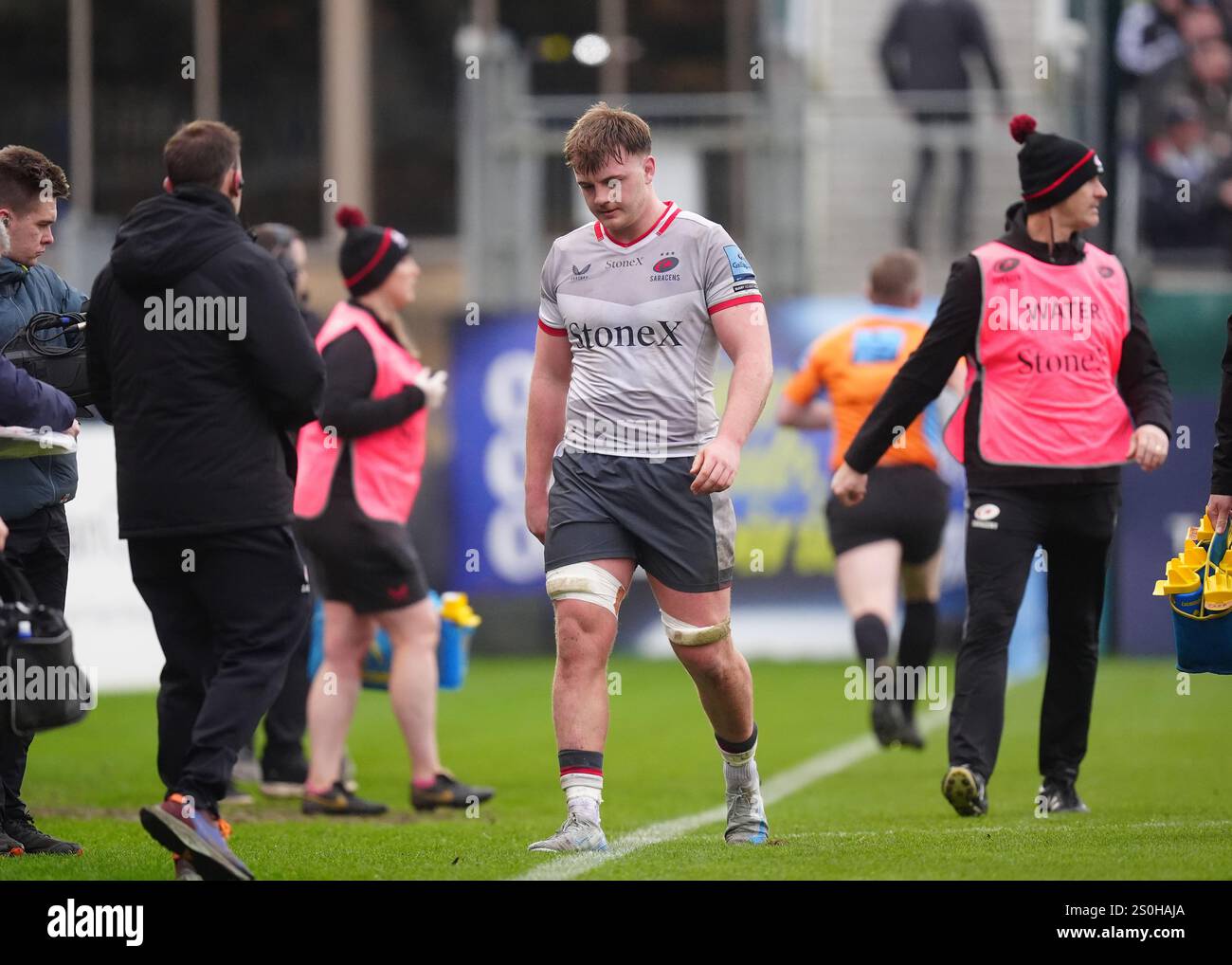 Saracens' Toby Knight leaves the pitch after receiving a red card for a ...