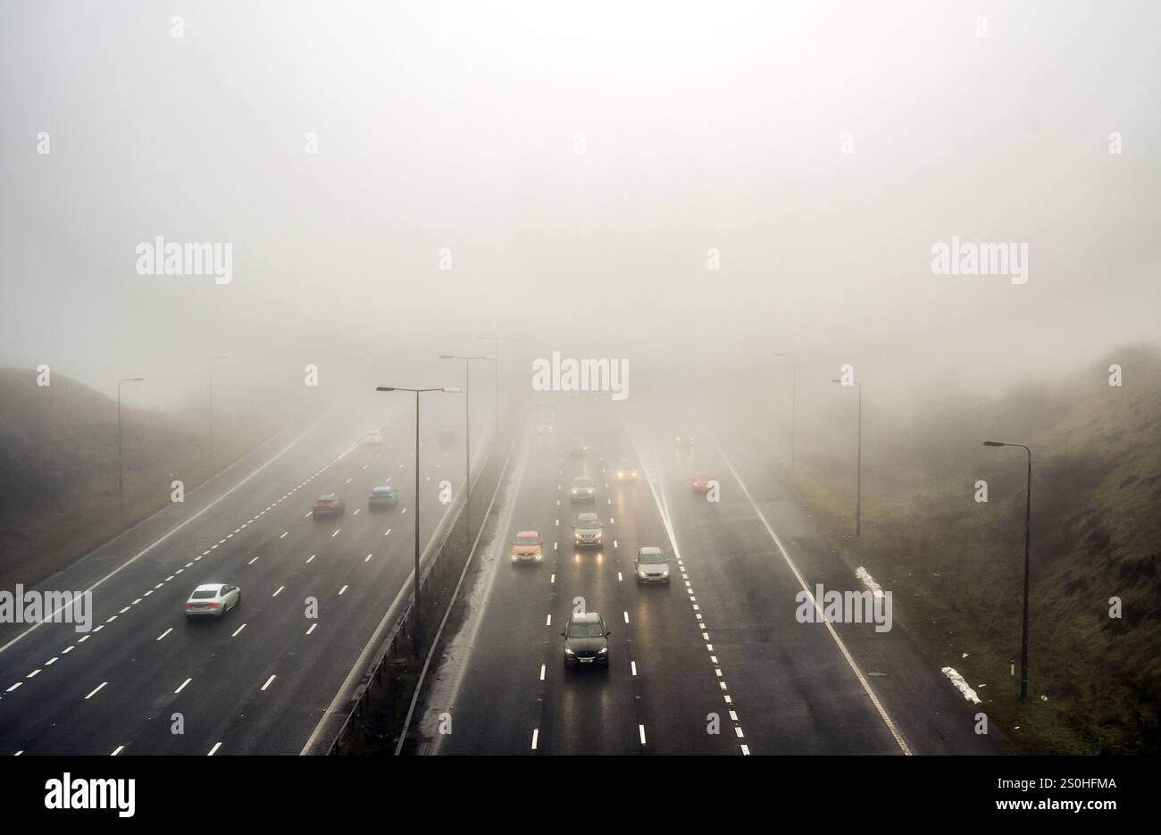 Foggy conditions on the M62 near Saddleworth Moor. The murky weather ...