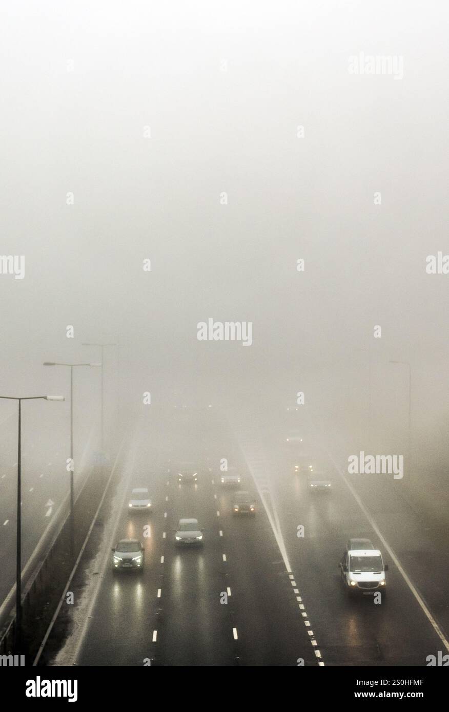 Foggy conditions on the M62 near Saddleworth Moor. The murky weather ...