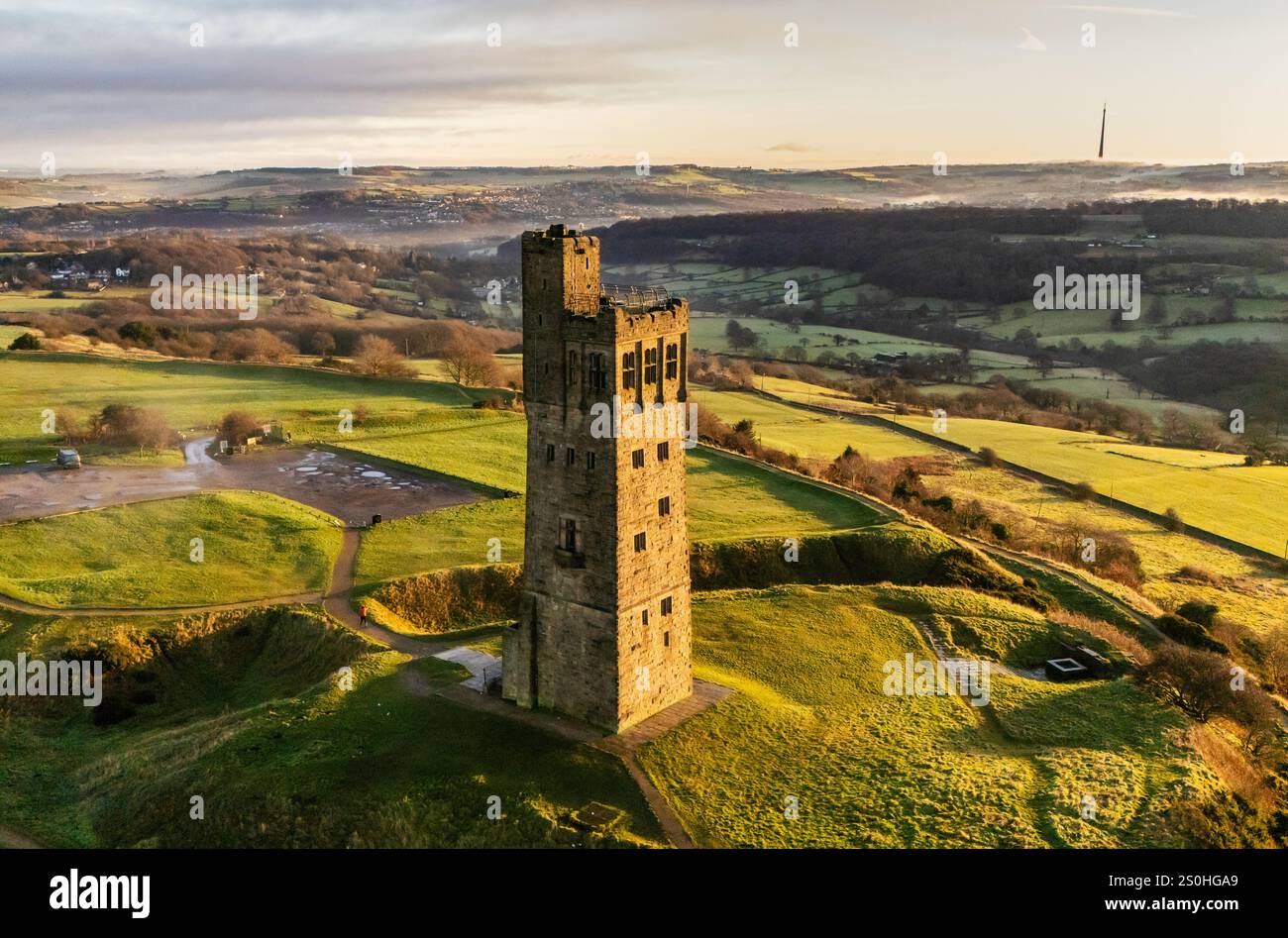 Victoria tower on Castle Hill in Huddersfield, Yorkshire. The murky ...