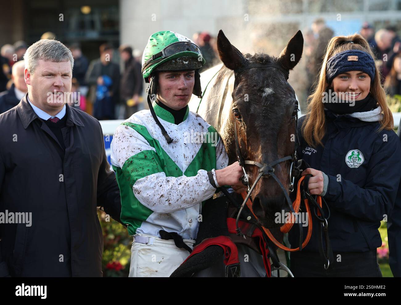 Dee Capo with Jockey Danny Gilligan and Trainer Gordon Elliott (left) after winning the ...