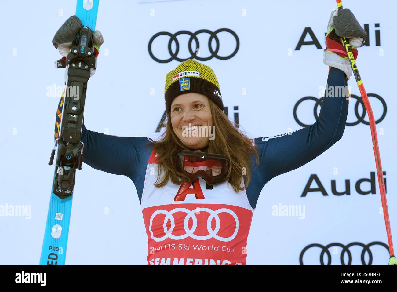 Second placed Sweden's Sara Hector celebrates after an alpine ski ...