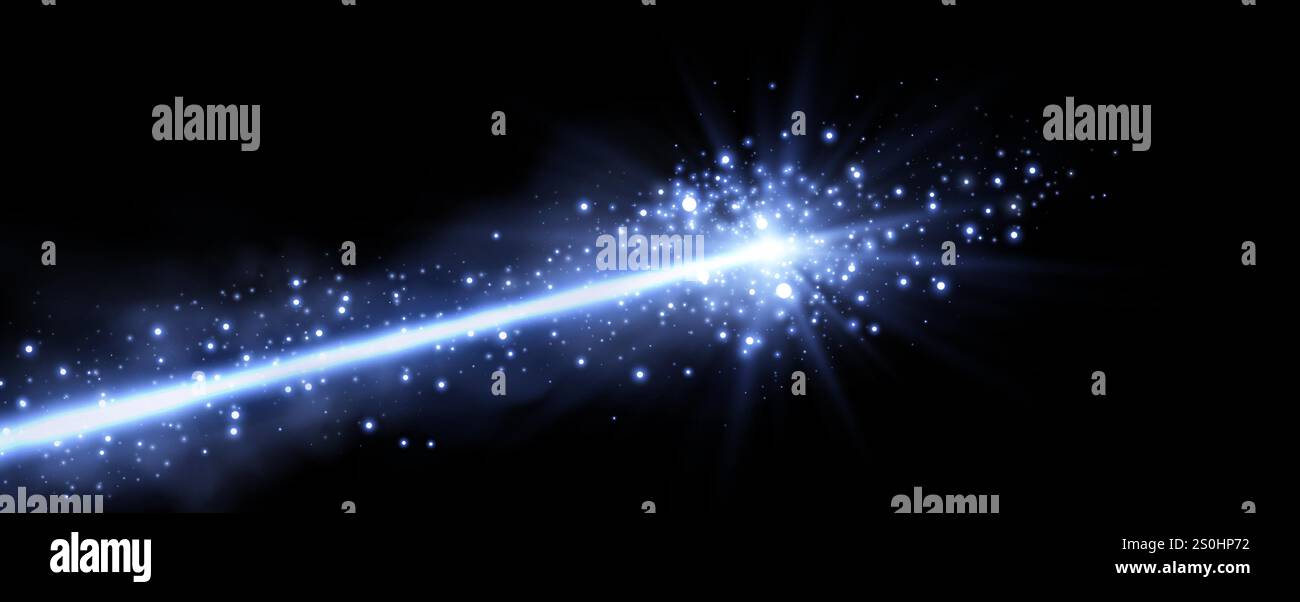 Blue horizontal laser beam. Neon line, presentation pointer. Blue glow ...