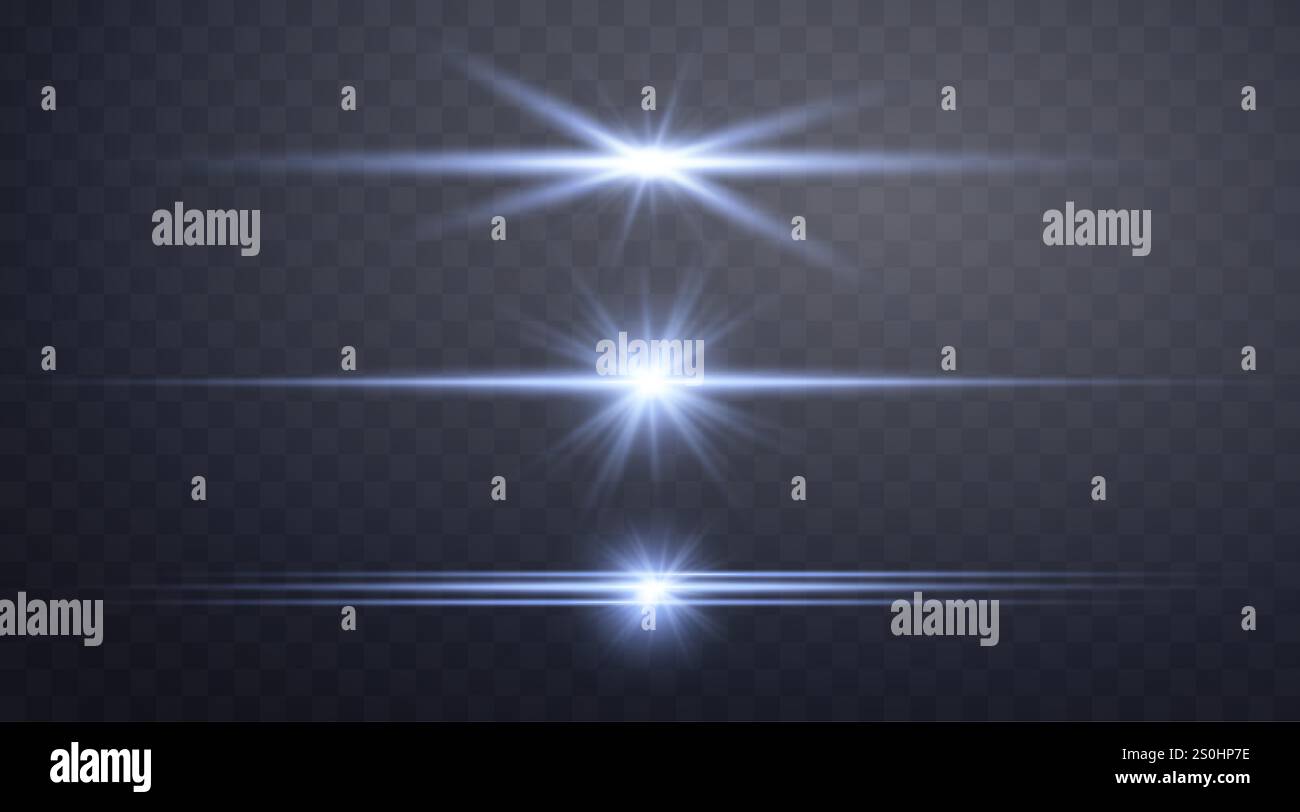 Blue horizontal lens flares set. Sun flash with rays or spotlight and ...