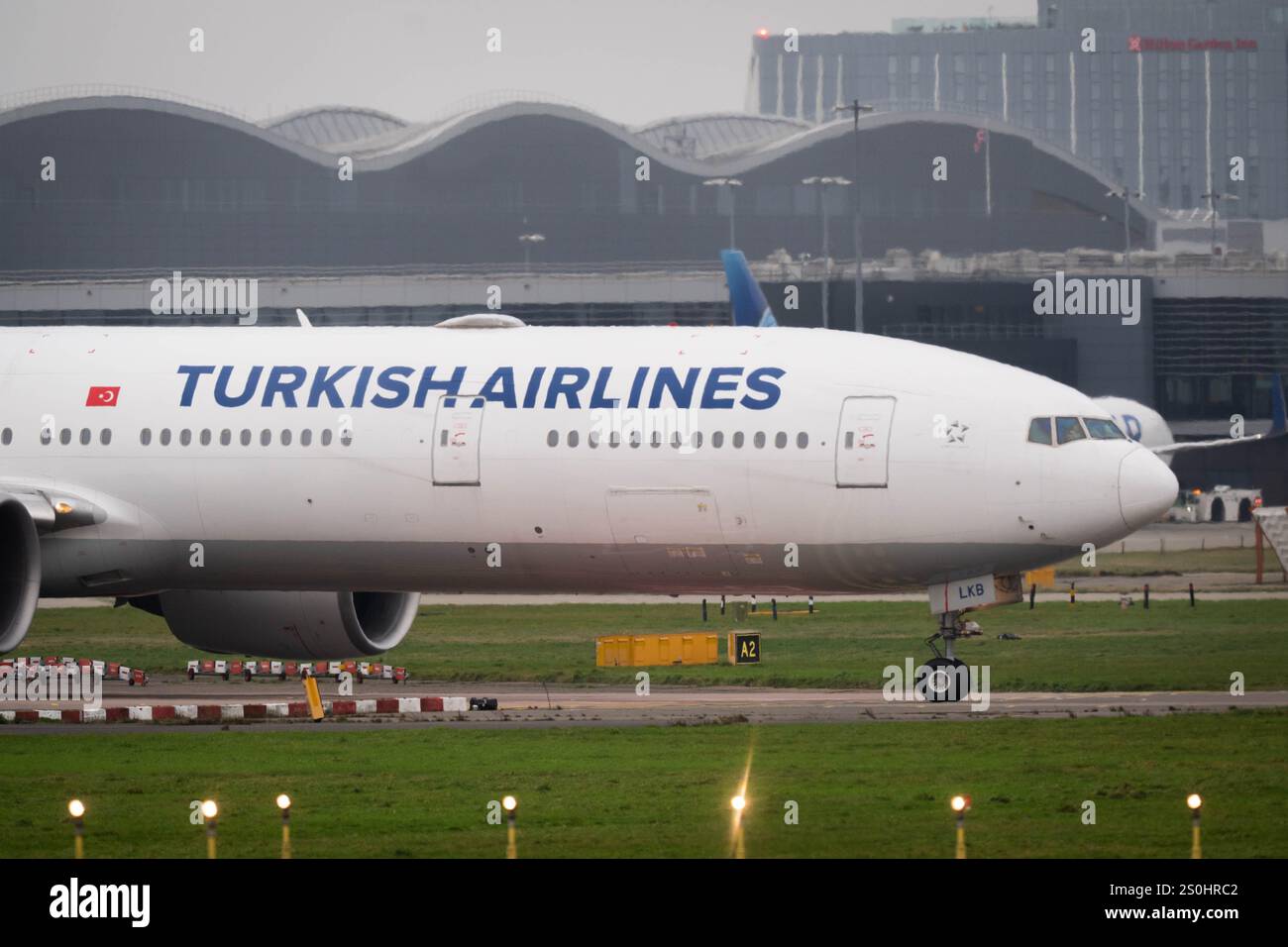 A Turkish Airlines Boeing B777-300ER on the taxiway at Heathrow Airport ...