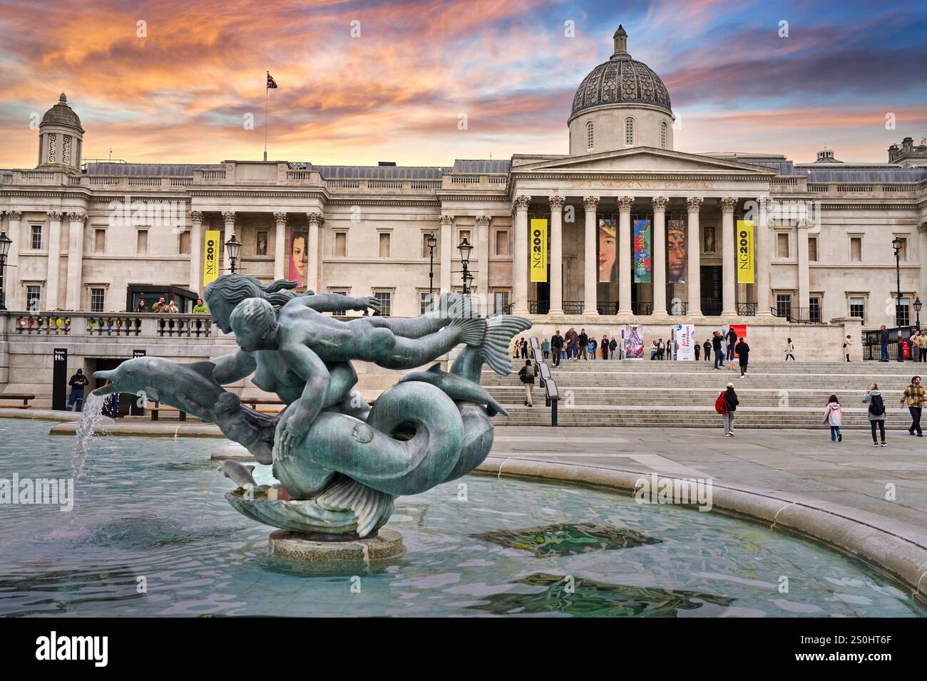 Mermaids and dolphin statue, The Fountains, Trafalgar Square, National ...