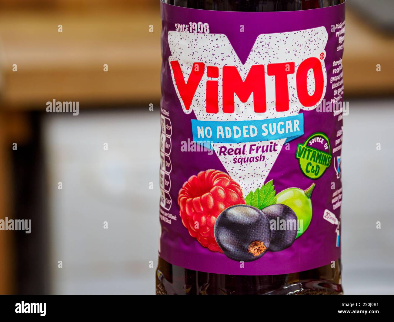 Bottle of Vimto fruit-flavored soft drink with no added sugar on a ...
