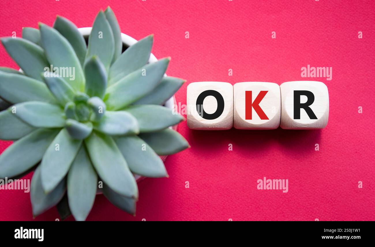 OKR objectives and key results symbol. Wooden cubes with words OKR ...